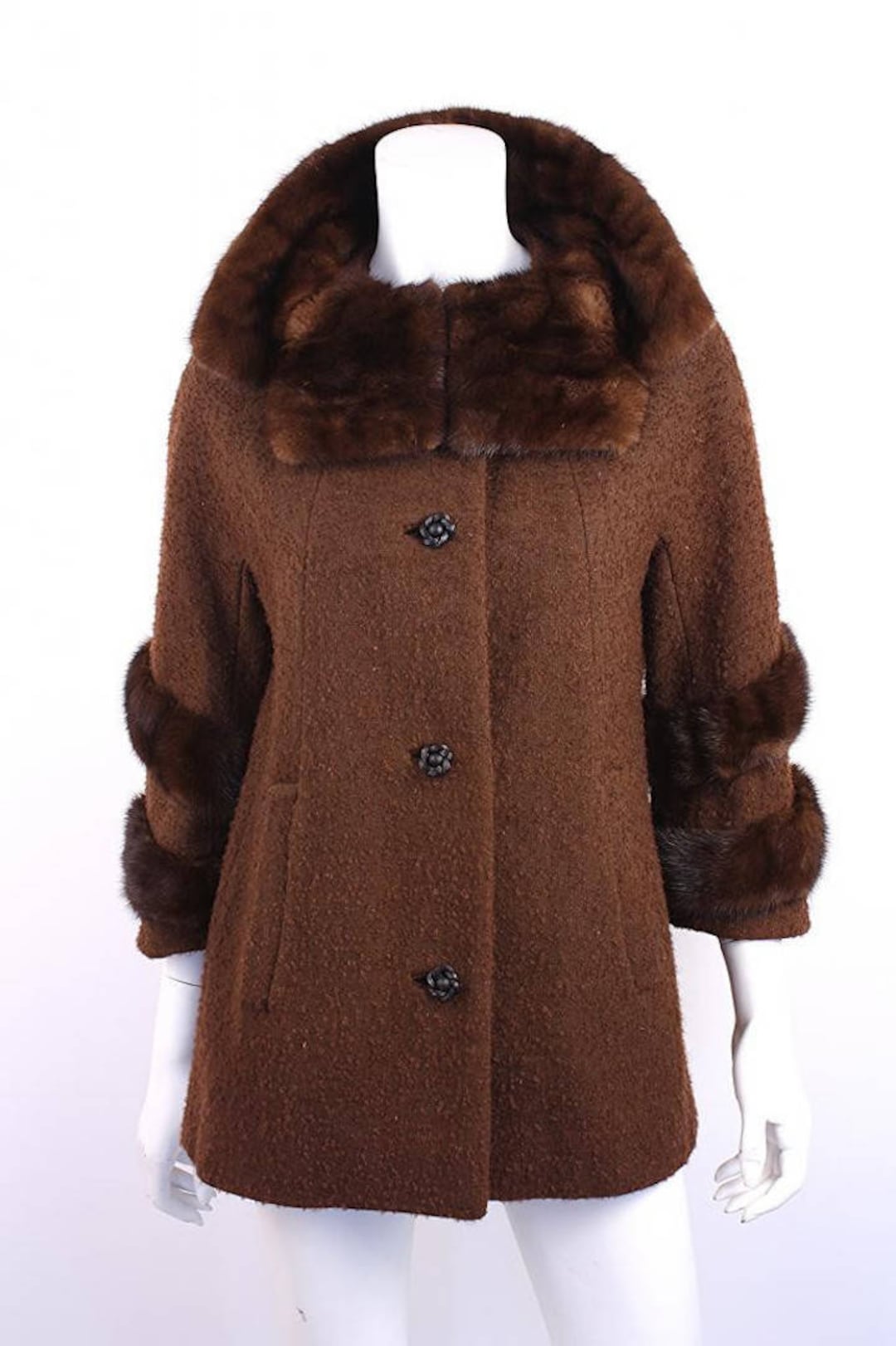 1960's Lilli Ann Brown Nubby Wool Boucle Coat With Fur Mink Collar and ...