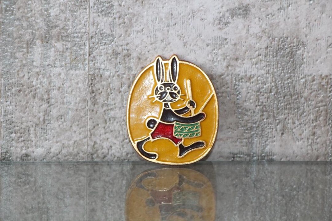 Vintage Hare Pin, Cartoon Animal Badge, Bunny Playing Drum, Yellow ...