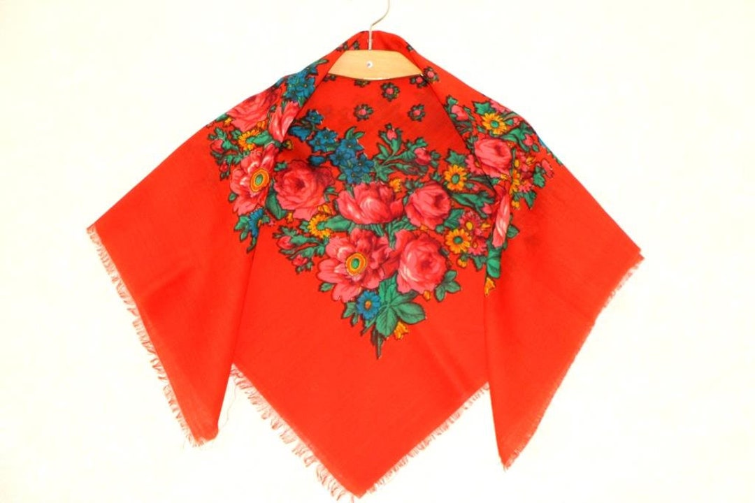 Ukrainian Wool Shawl, Vintage Red Russian Scarf, Babushka Head Scarf ...