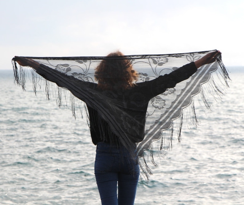 Black Lace Shawl With Fringe Vintage Veil Mantilla Goth | Etsy