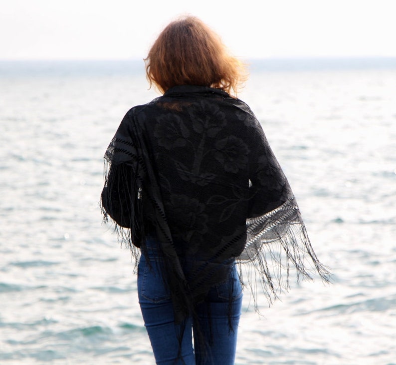 Black Lace Shawl With Fringe Vintage Veil Mantilla Goth | Etsy