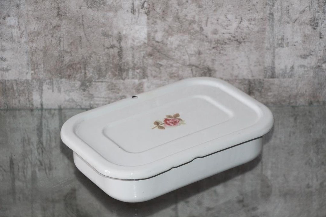 White Enamel Metal Box, Vintage Food Container, Ukrainian Enamelware ...