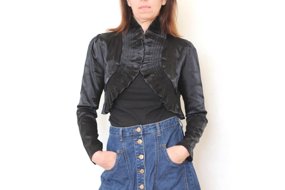 90s Black Bolero, Vintage Women's Ruffle Collar Blouse, Long Sleeve ...
