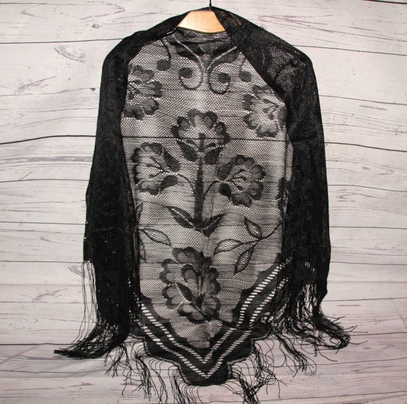 Black Lace Shawl With Fringe Vintage Veil Mantilla Goth | Etsy