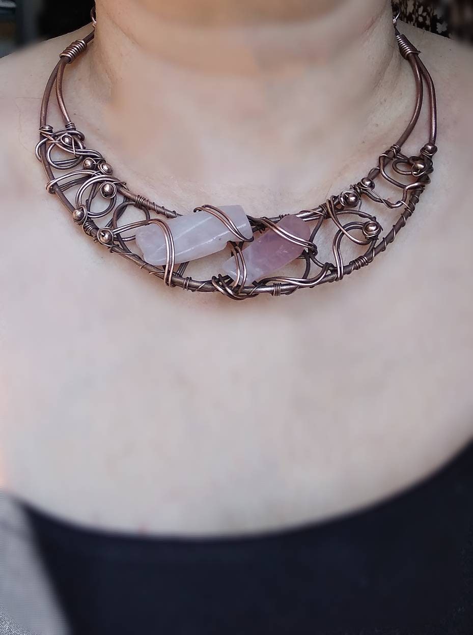 Wire Wrapped Necklace With Rose Quartzwire Jewelrywire - Etsy
