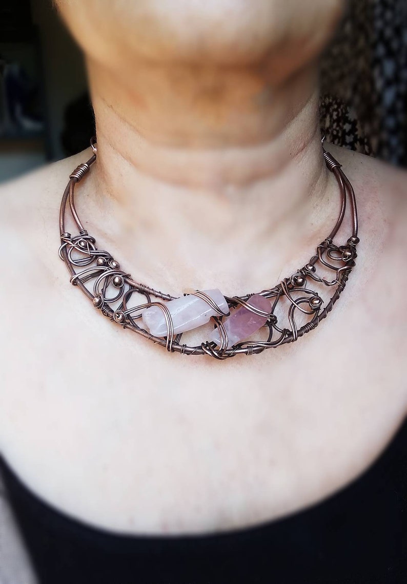 Wire Wrapped Necklace With Rose Quartzwire Jewelrywire - Etsy