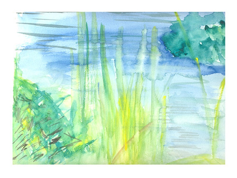 Abstract Landscape, Watercolors Painting of Water Reeds, Fine Art Print ...