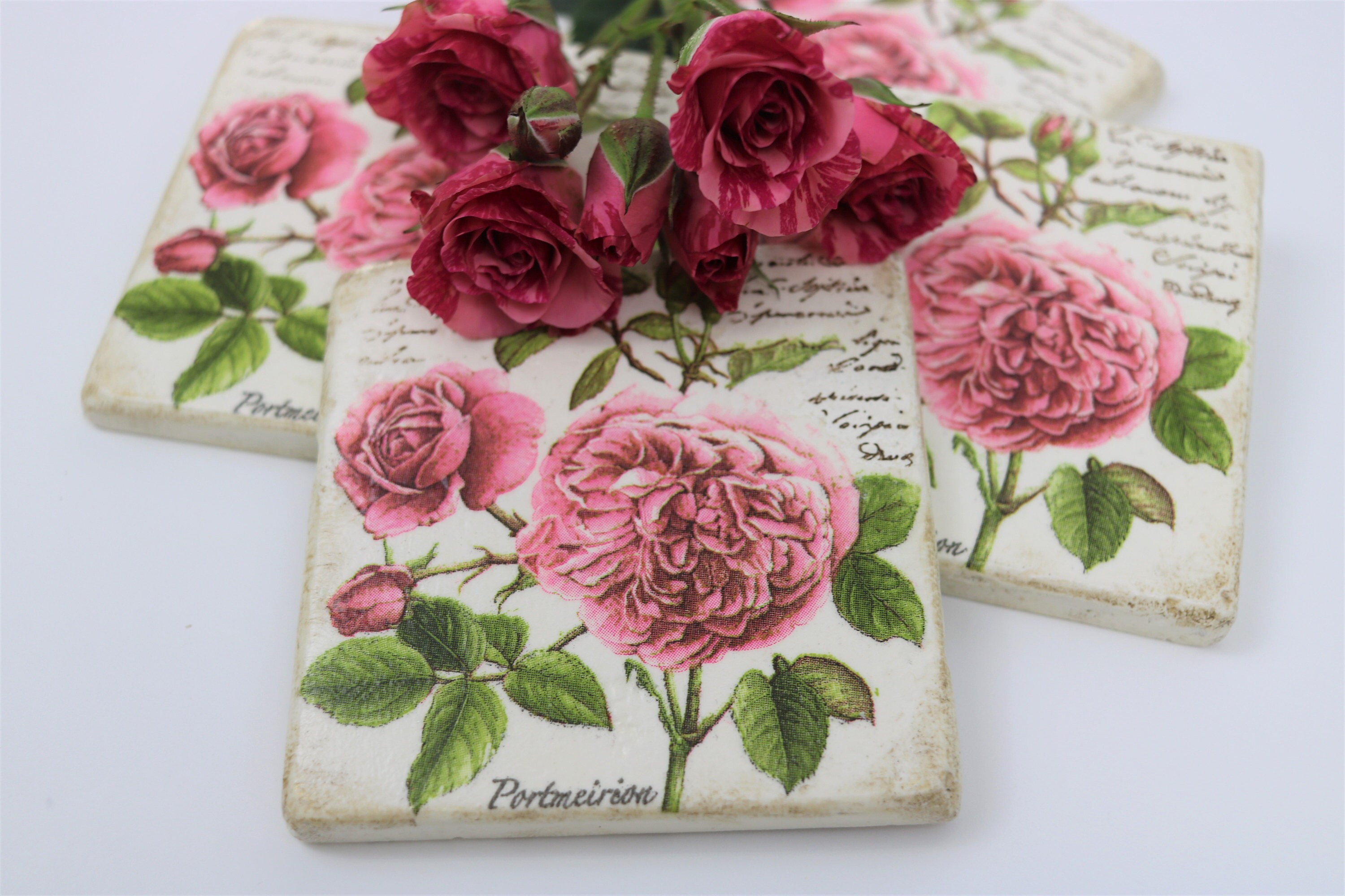Stone Coasters/stone Tile Coasters/decoupage Coasters/coaster Set of 4 ...