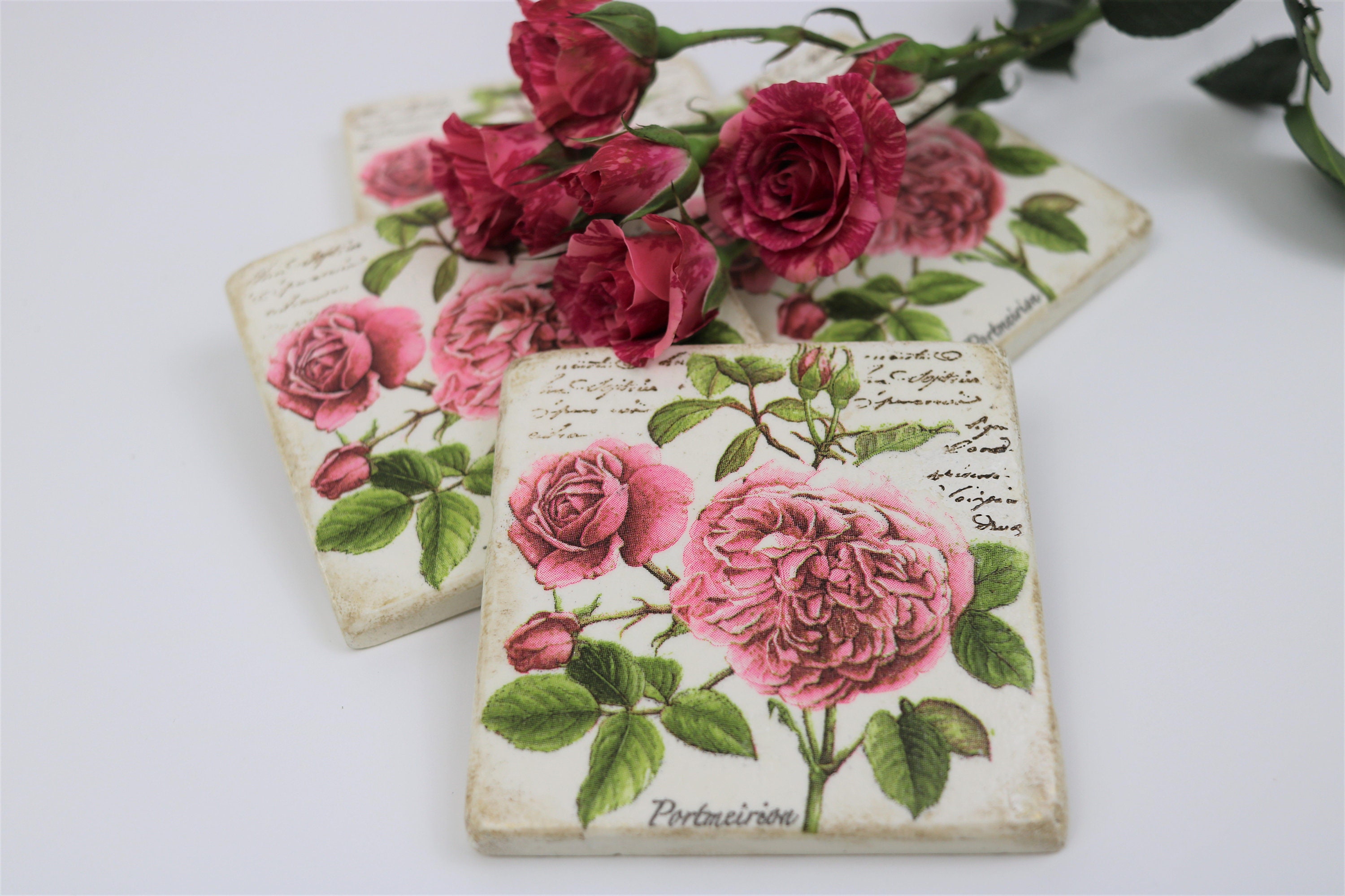 Stone Coasters/stone Tile Coasters/decoupage Coasters/coaster Set of 4 ...