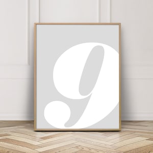 Number Nine Print Playroom Poster Number 9 Gray and | Etsy