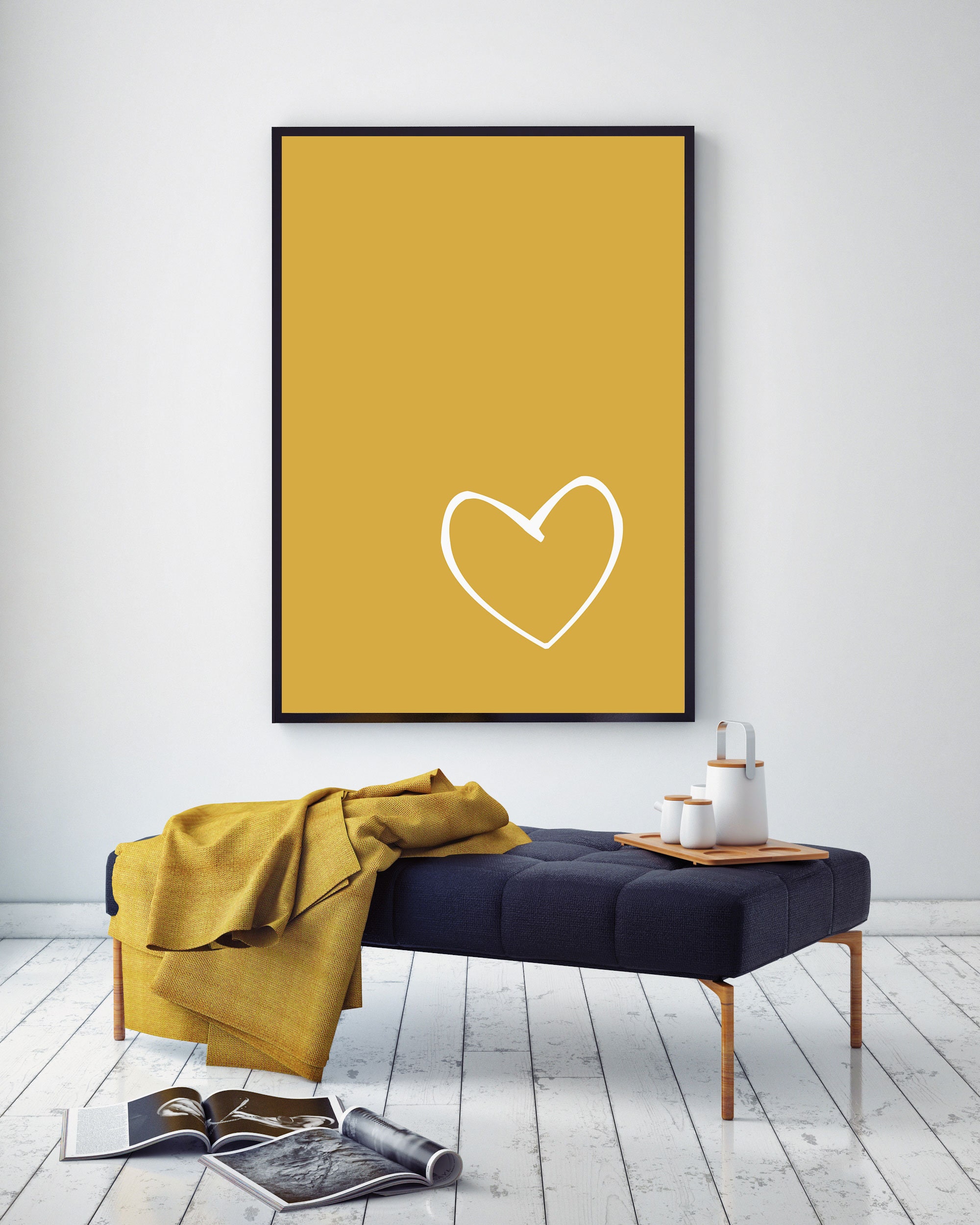 Mustard Wall Art Yellow Art Work Love Heart Print - Etsy