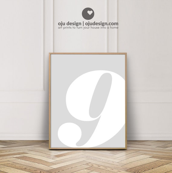 Number Nine Print Playroom Poster Number 9 Gray and | Etsy