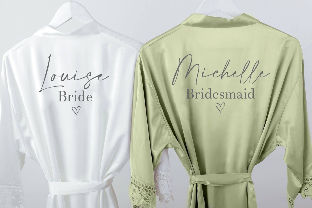Personalized Satin Bridal Robe, Lace Detail, Sage Green Kimono - Etsy