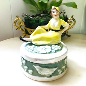 Art Deco Powder Box Half Doll Elegant Woman Stylized in Yellow Dress ...
