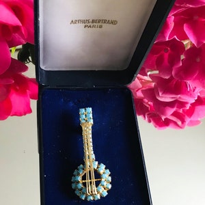 Vintage Brooch Art Deco Guitar Turquoise Glass Paste and Brass 1930s - Etsy