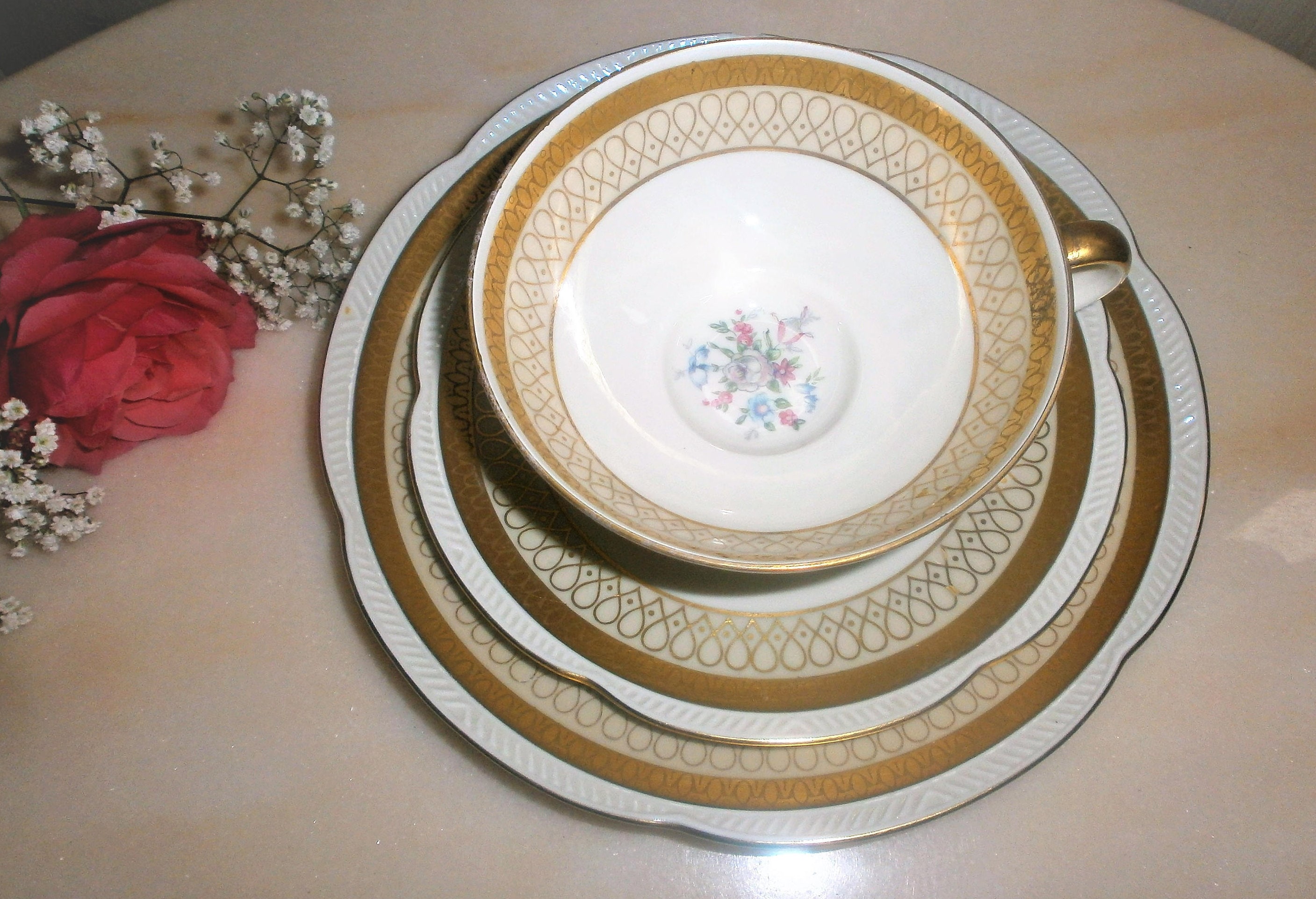 Old Porcelain Tea Cup, Footed Cup, Saucer and Dessert Plate, Trio Set ...