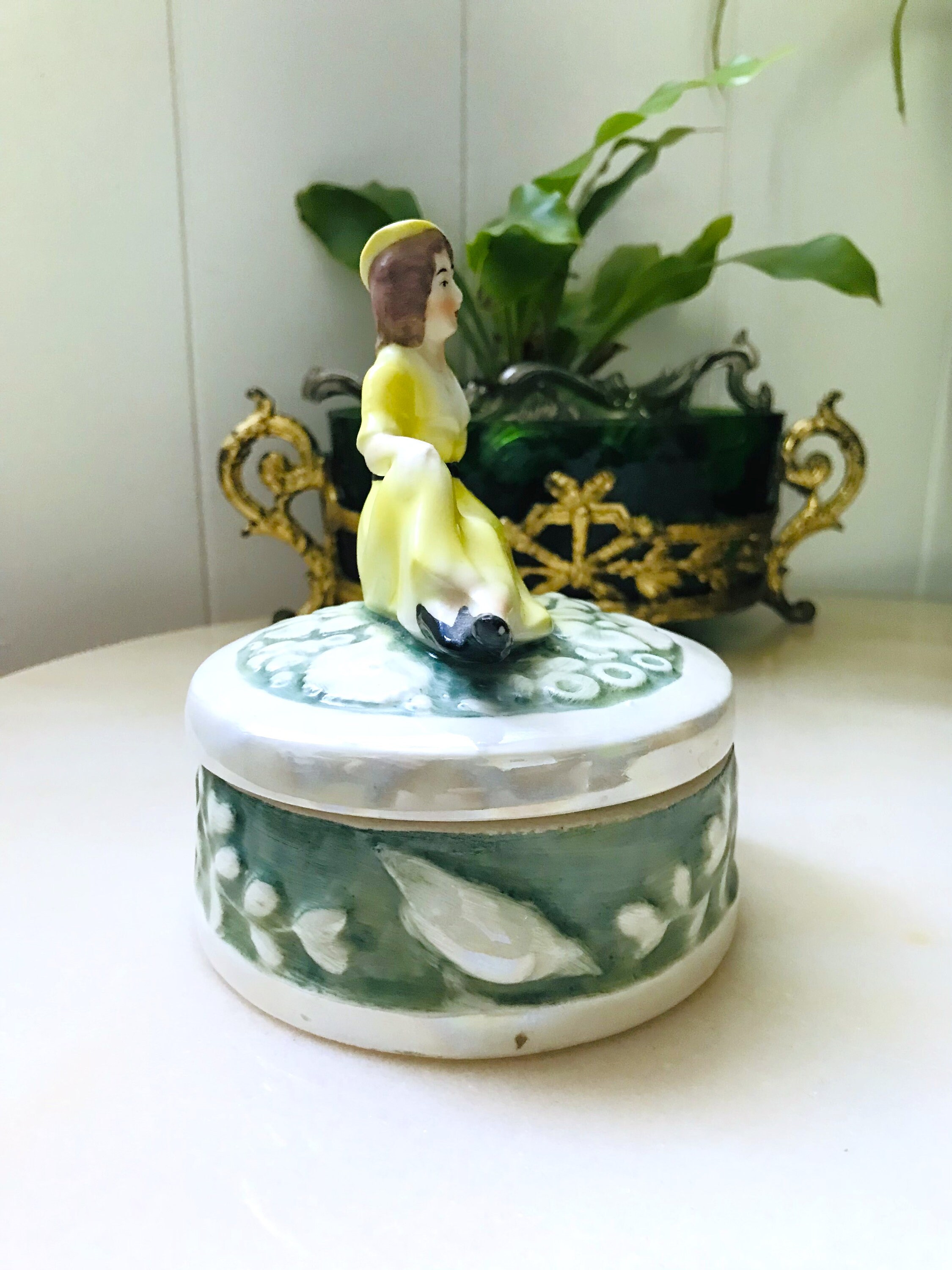 Art Deco Powder Box Half Doll Elegant Woman Stylized in Yellow Dress ...