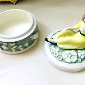 Art Deco Powder Box Half Doll Elegant Woman Stylized in Yellow Dress ...