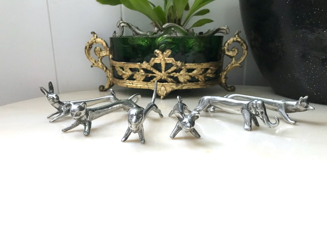 Art Deco 6 Pewter Zoomorphic Knives Rests Elephant Cat Dog Pig Fox ...