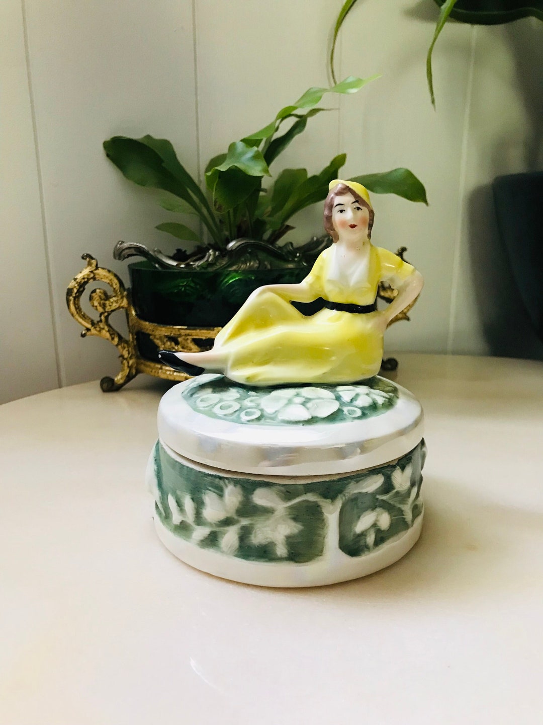 Art Deco Powder Box Half Doll Elegant Woman Stylized in Yellow Dress ...