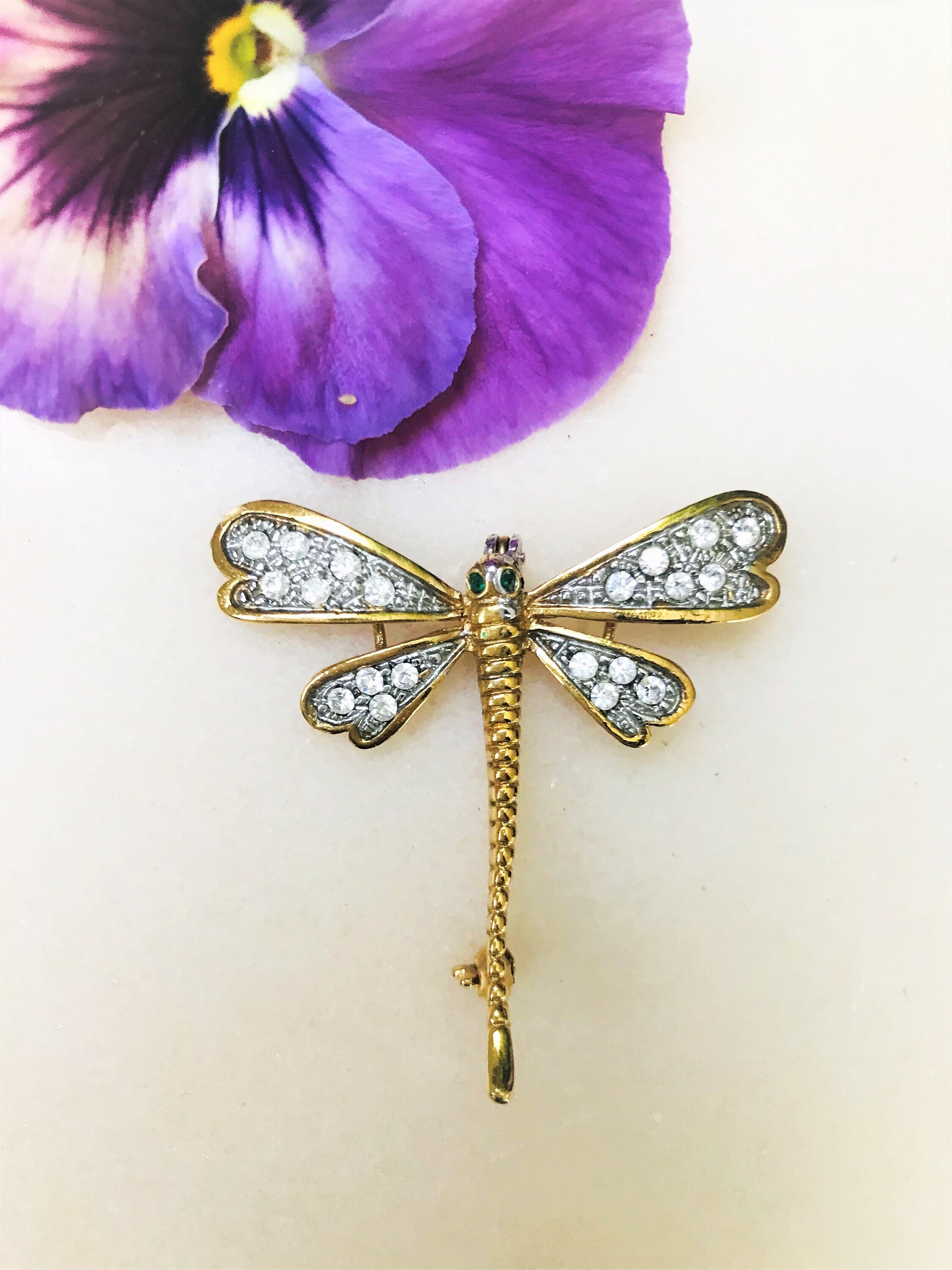 Vintage Dragonfly Brooch Golden Metal Decorated With Rhinestones 1950 ...
