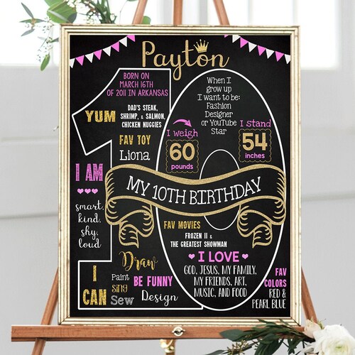 Printable 10th Birthday Chalkboard Sign for a Girl With Photo - Etsy