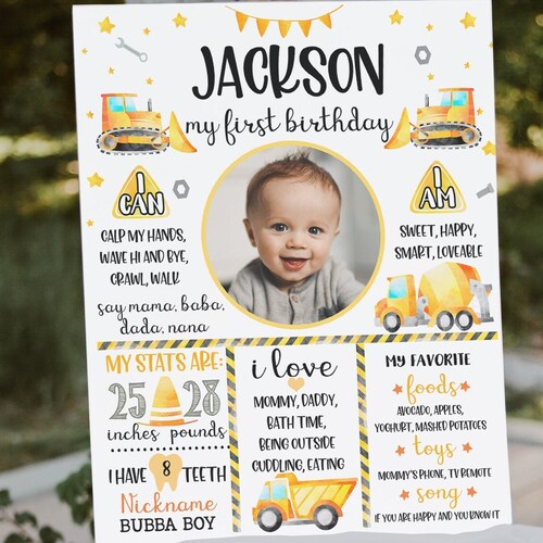Construction First Birthday Milestone Sign With Photo Digger - Etsy