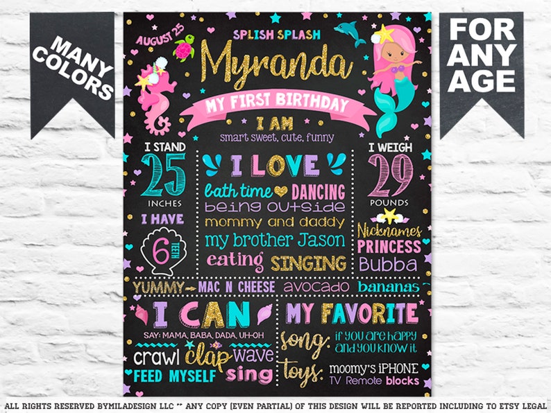 Mermaid Under the Sea First Birthday Chalkboard Sign - 1st Party White ...