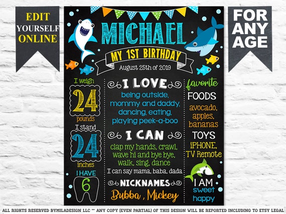Shark First Birthday Chalkboard Sign 1st Party Chalk Board | Etsy