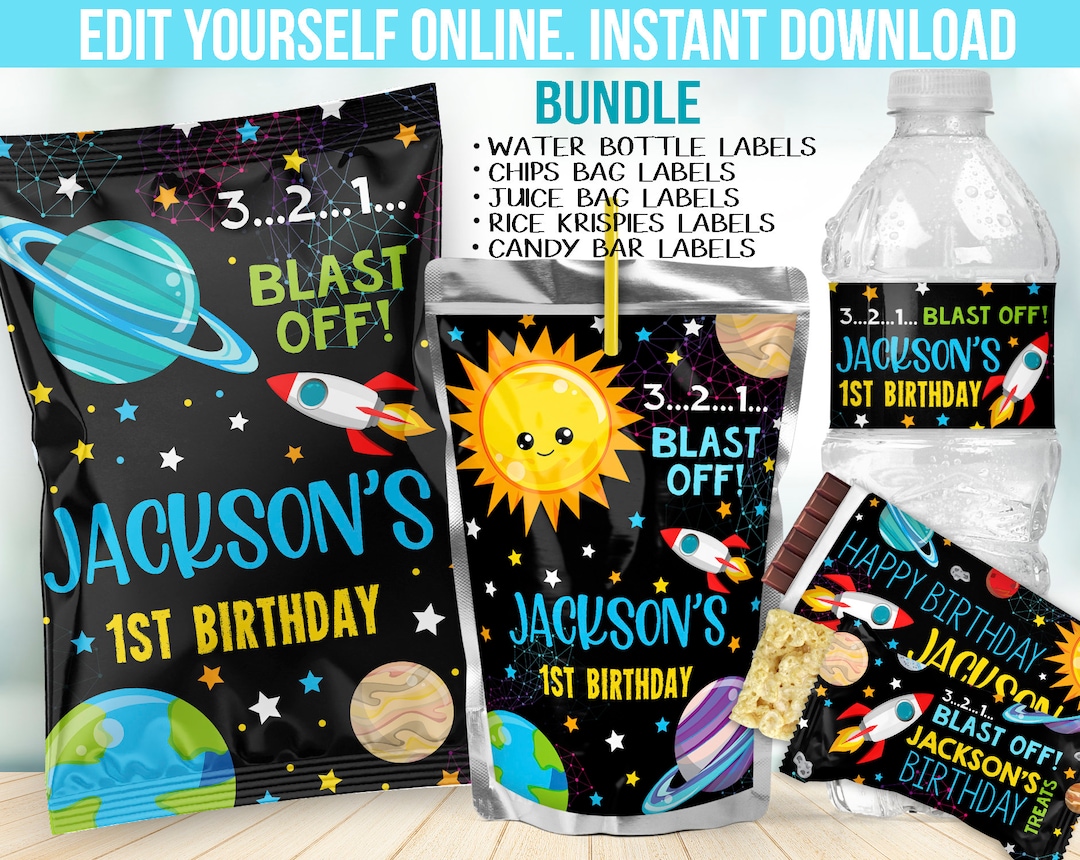 Space Birthday Party Decor - Galaxy Chip Bag Label Favors - Planets ...