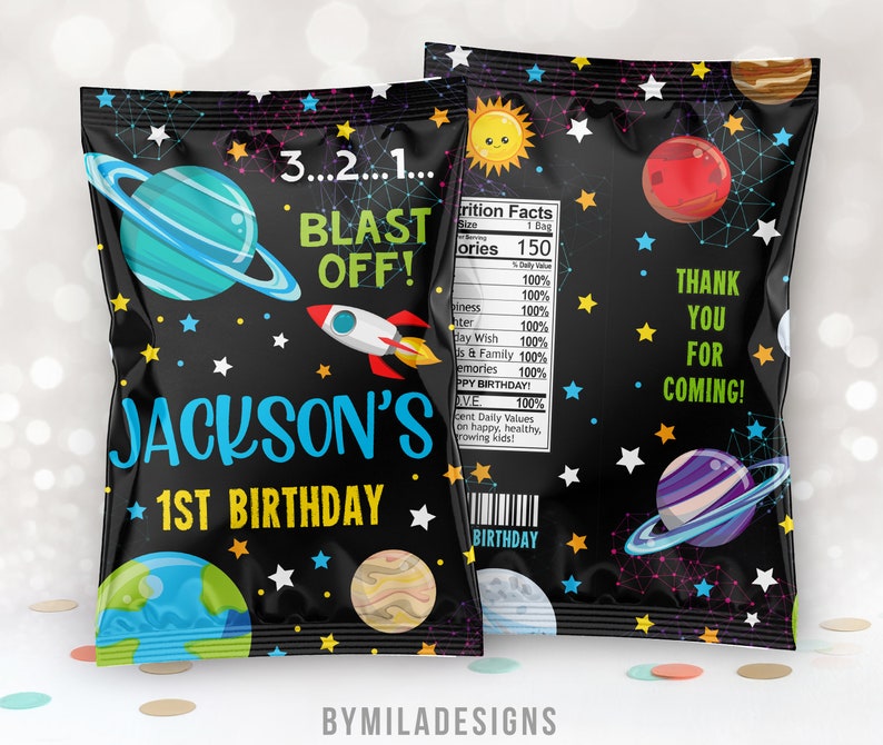 Space Birthday Party Decor - Galaxy Chip Bag Label Favors - Planets ...