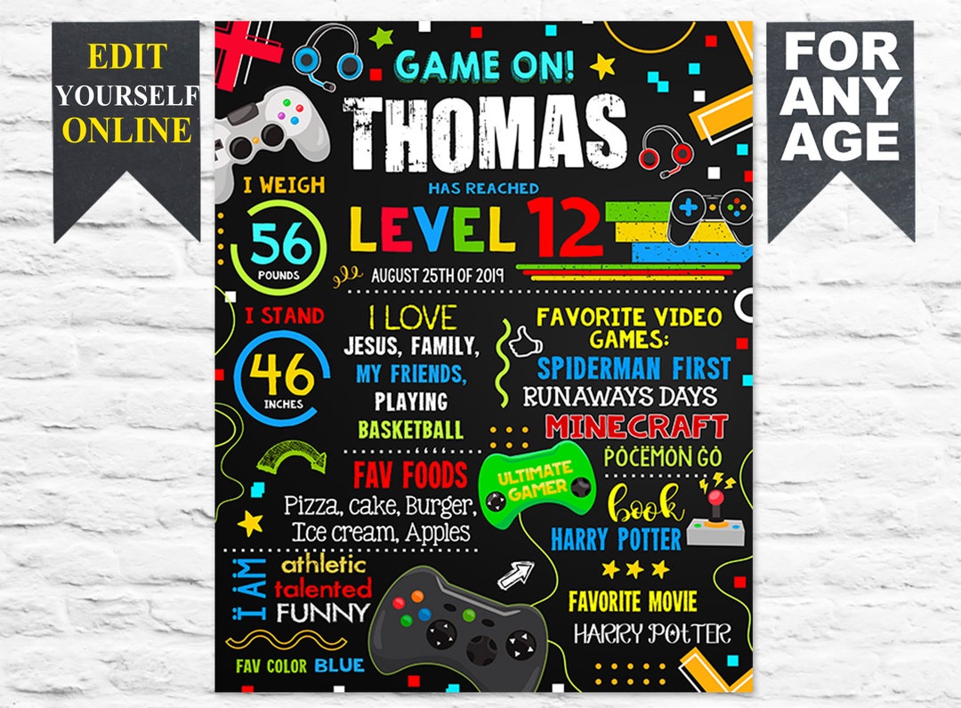 Gamer Birthday Party Milestone Sign - Gaming Chalkboard Poster Board ...