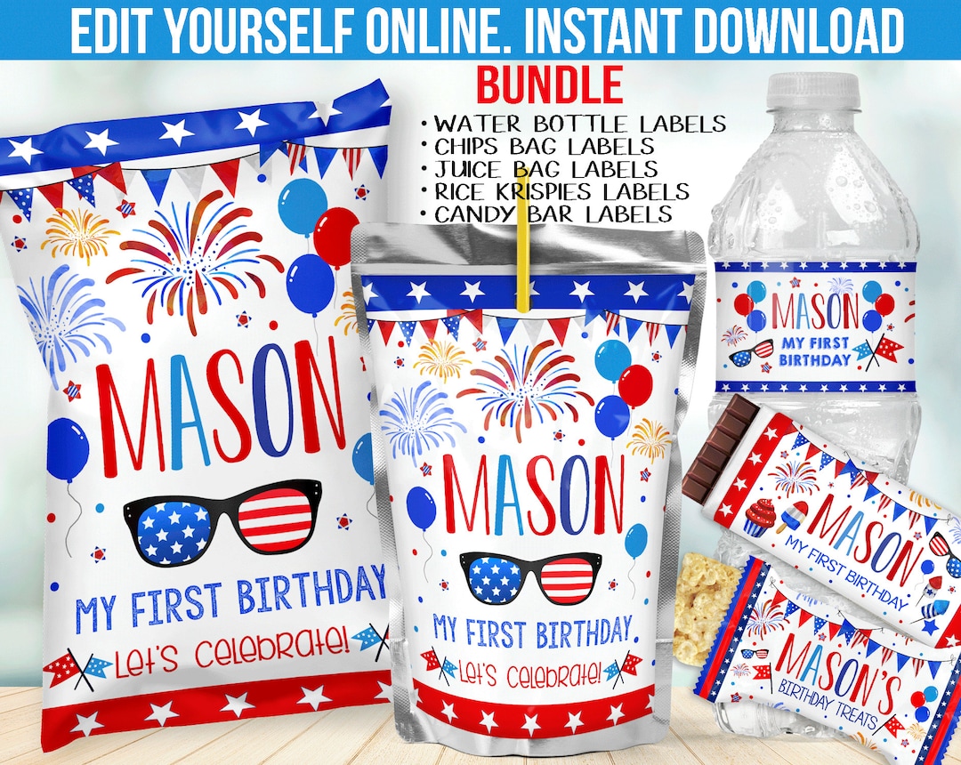 Red White and Blue July 4th Birthday Party Decorations - Chip Bag Label ...