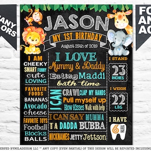 Jungle Animals Birthday Chalkboard Sign Zoo Safari - 1st Party Chalk ...