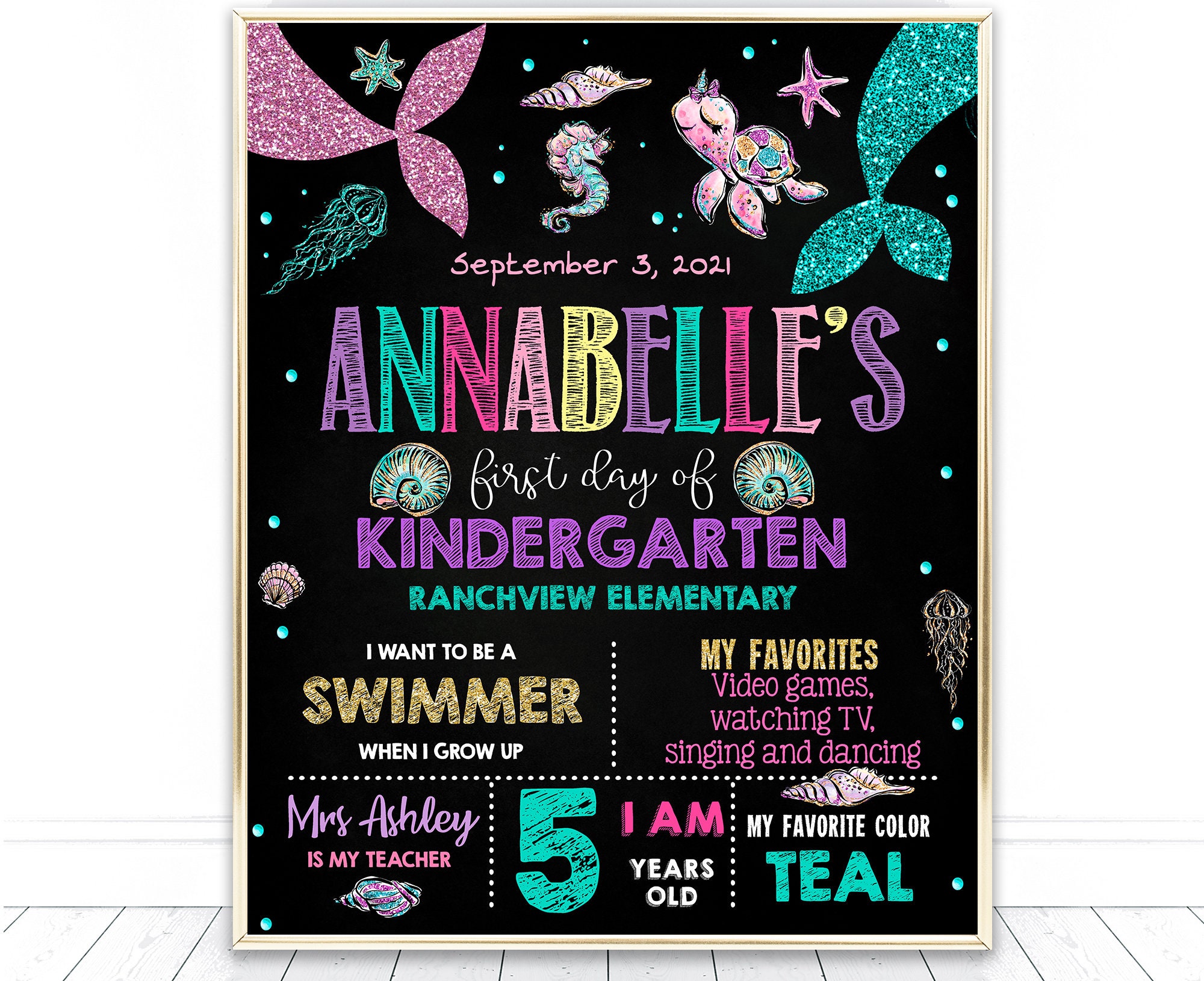 Wall Décor Wall Hangings First Day of Kindergarten Sign Girl Mermaid ...