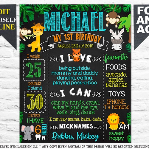 Jungle Animals Birthday Chalkboard Sign Zoo Safari 1st Party - Etsy