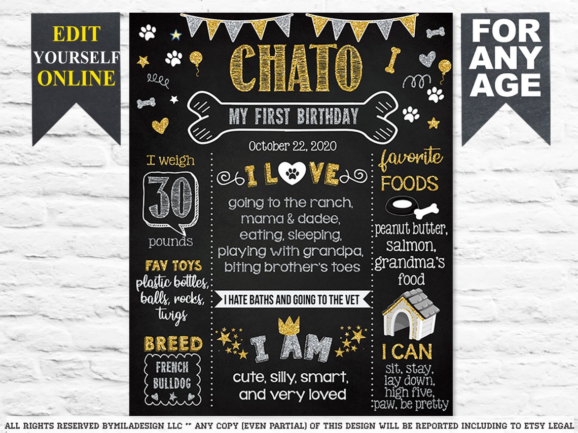 Editable Dog Birthday Chalkboard Sign - Instant Download Template ...