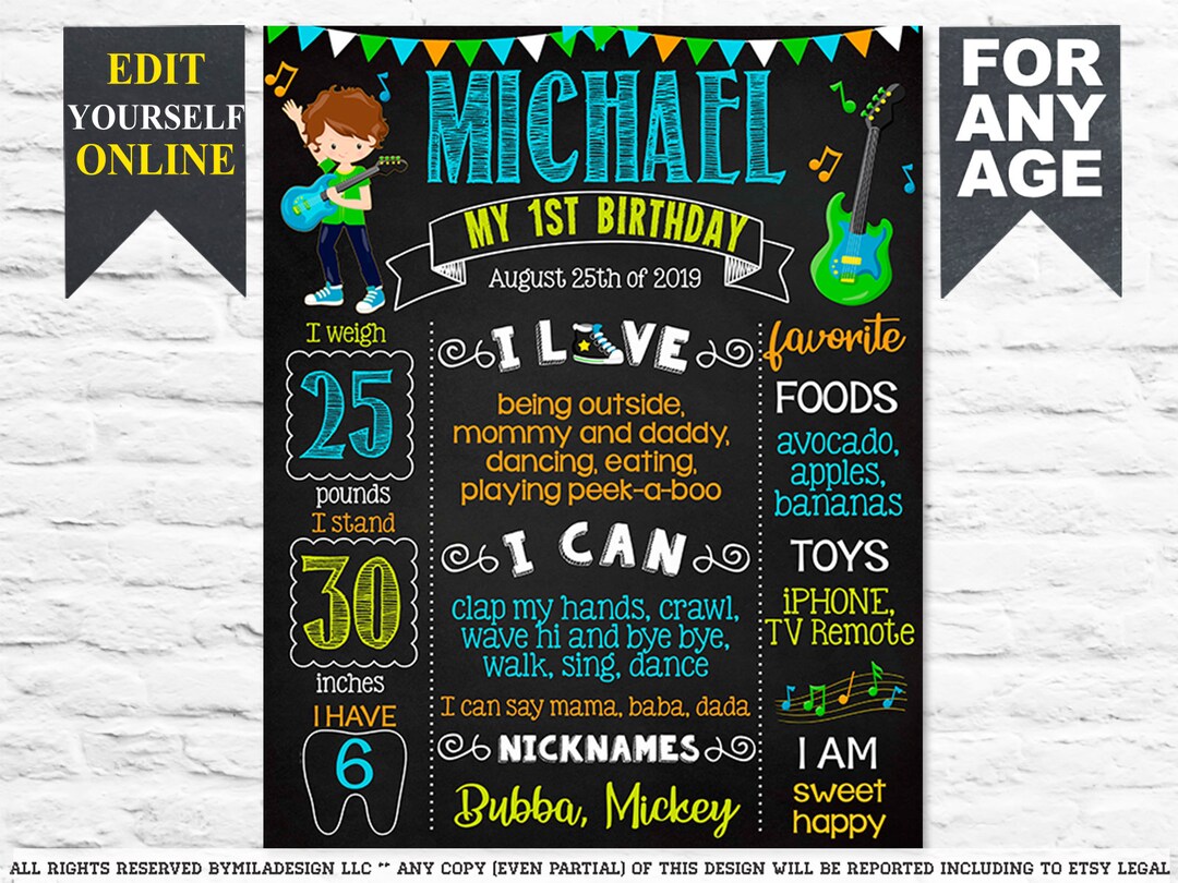 Party Like a Rock Star Birthday Chalkboard Sign - One Rocks 1st Party ...