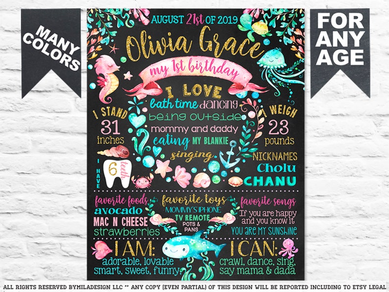 Under the Sea First Birthday Poster - Party Supplies Chalkboard Chalk ...