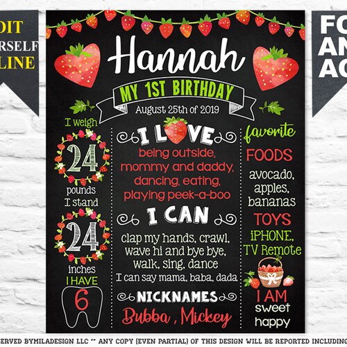 Printable Strawberry Birthday Poster Strawberry Editable | Etsy