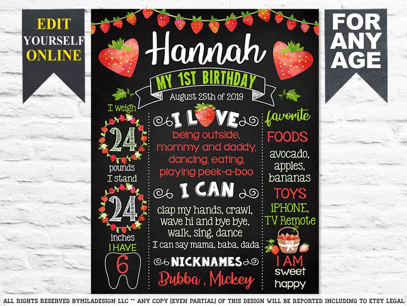 Printable Strawberry Birthday Poster Strawberry Editable | Etsy