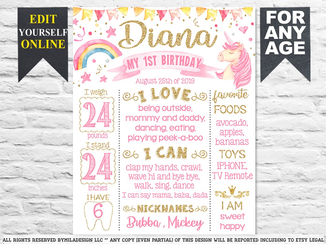 Printable Unicorn Rainbow Party Birthday Chalkboard Sign 1st Chalk ...