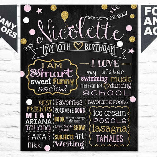 Printable Confetti 10th Birthday Chalkboard Sign Gold Pink - Etsy