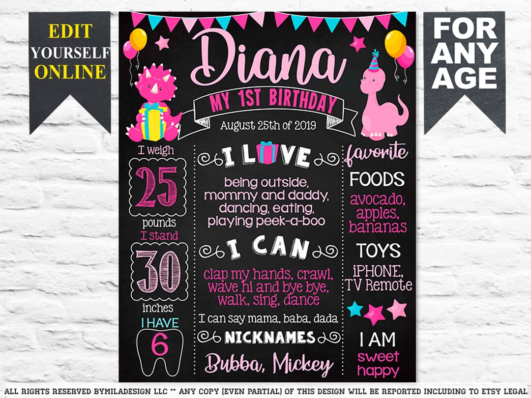 Printable Girls Dinosaur Birthday Chalkboard Sign Chalk - Etsy