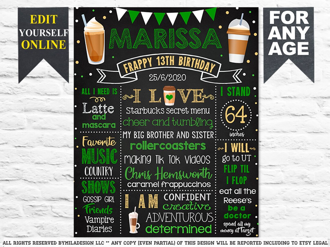 Printable Coffee Latte Birthday Chalkboard Sign - Teen Chalk Board ...