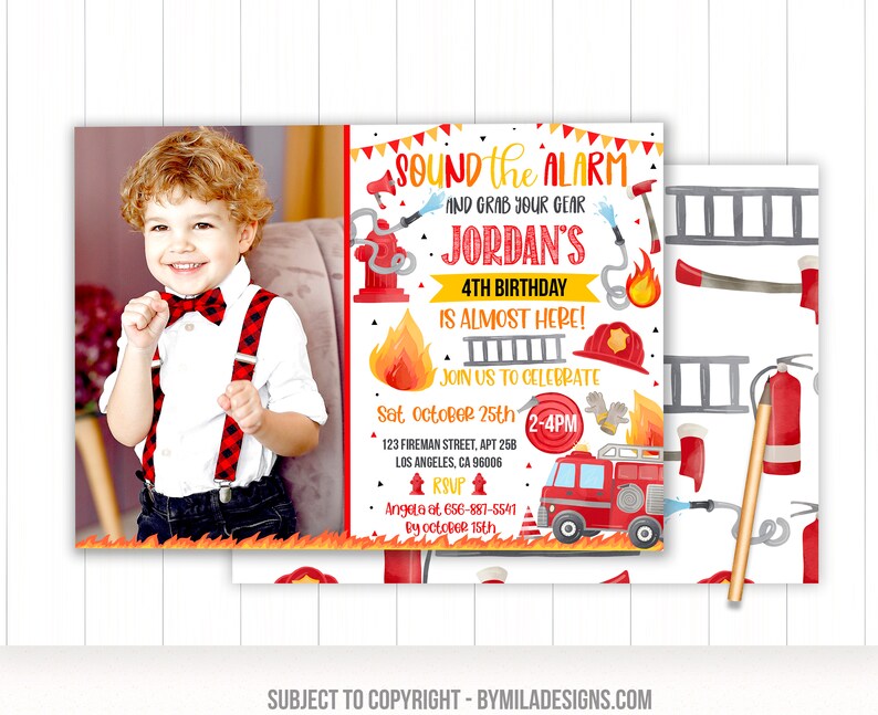 Firefighter Birthday Party Invitation Fireman Firetruck - Etsy