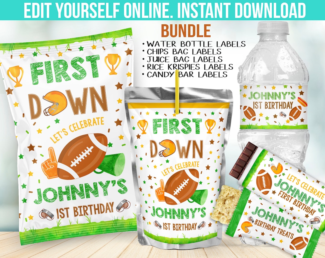 First Down Football Birthday Party Favors - 1st Year Template Chip Bag ...