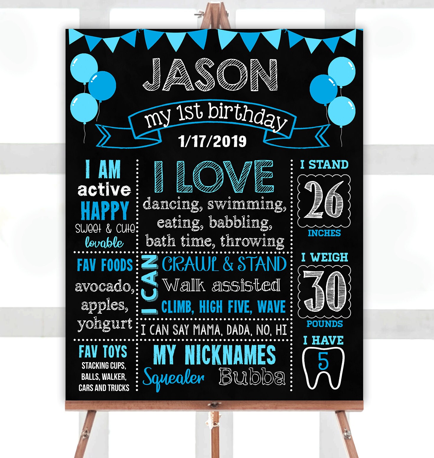 Editable First Birthday Chalkboard Sign With Balloons - 1st Boy Party ...