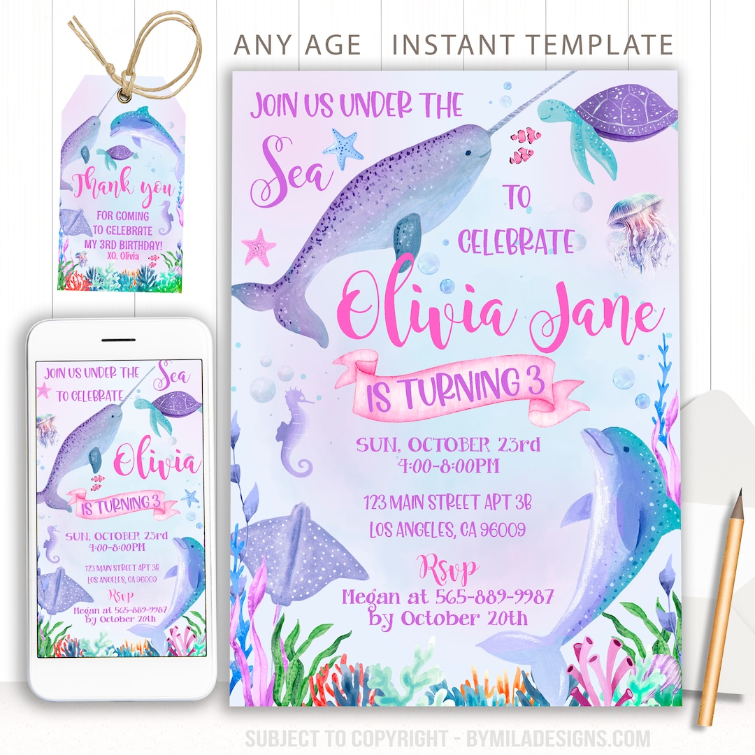 Under the Sea Birthday Party Invitation - Invite With Dolphine Turtle ...