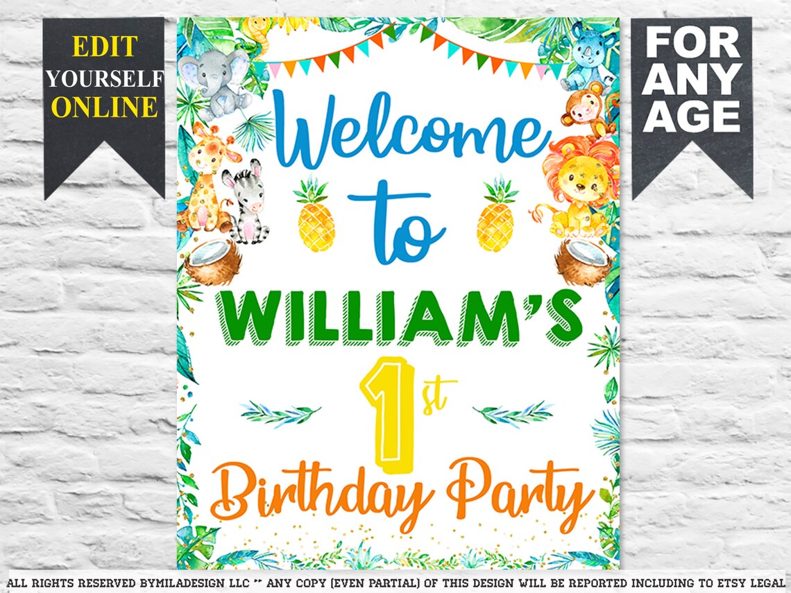 Printable Jungle animals welcome sign zoo safari wild one for | Etsy